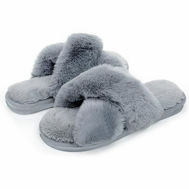 U-slide Women’s Cross Band Soft Plush Fluffy Furry Fleece House Indoor or Outdoor Ladies’ Slide ...