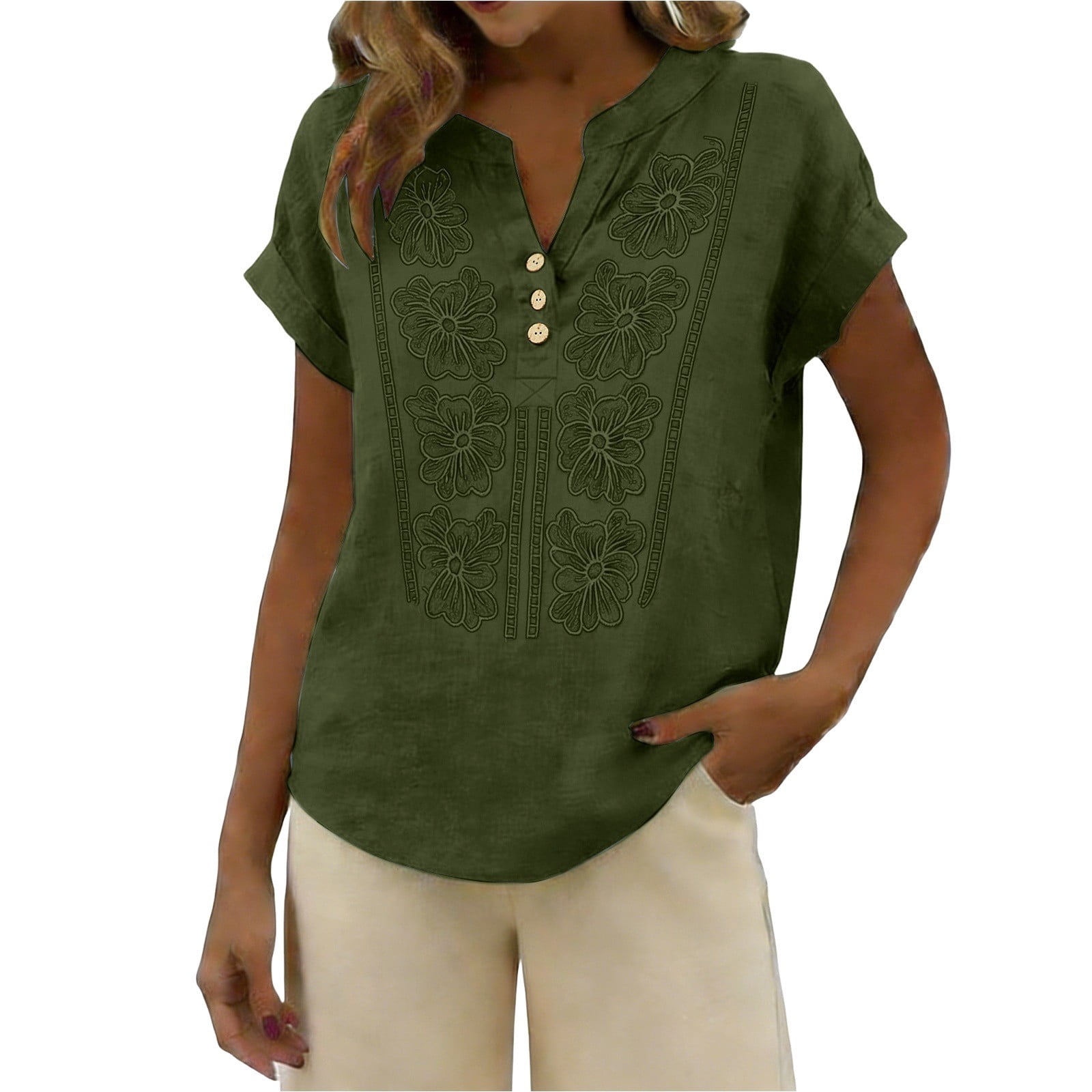 Womens Soft Summer Embroidered Cotton Linen Tops Solid Color Casual V ...