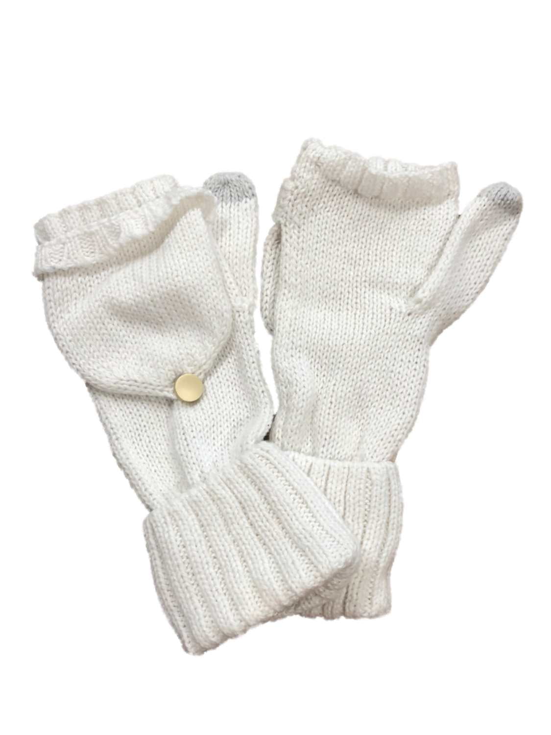Womens Soft White Cuffed Knit Fingerless Flip Top Convertible Gloves ...
