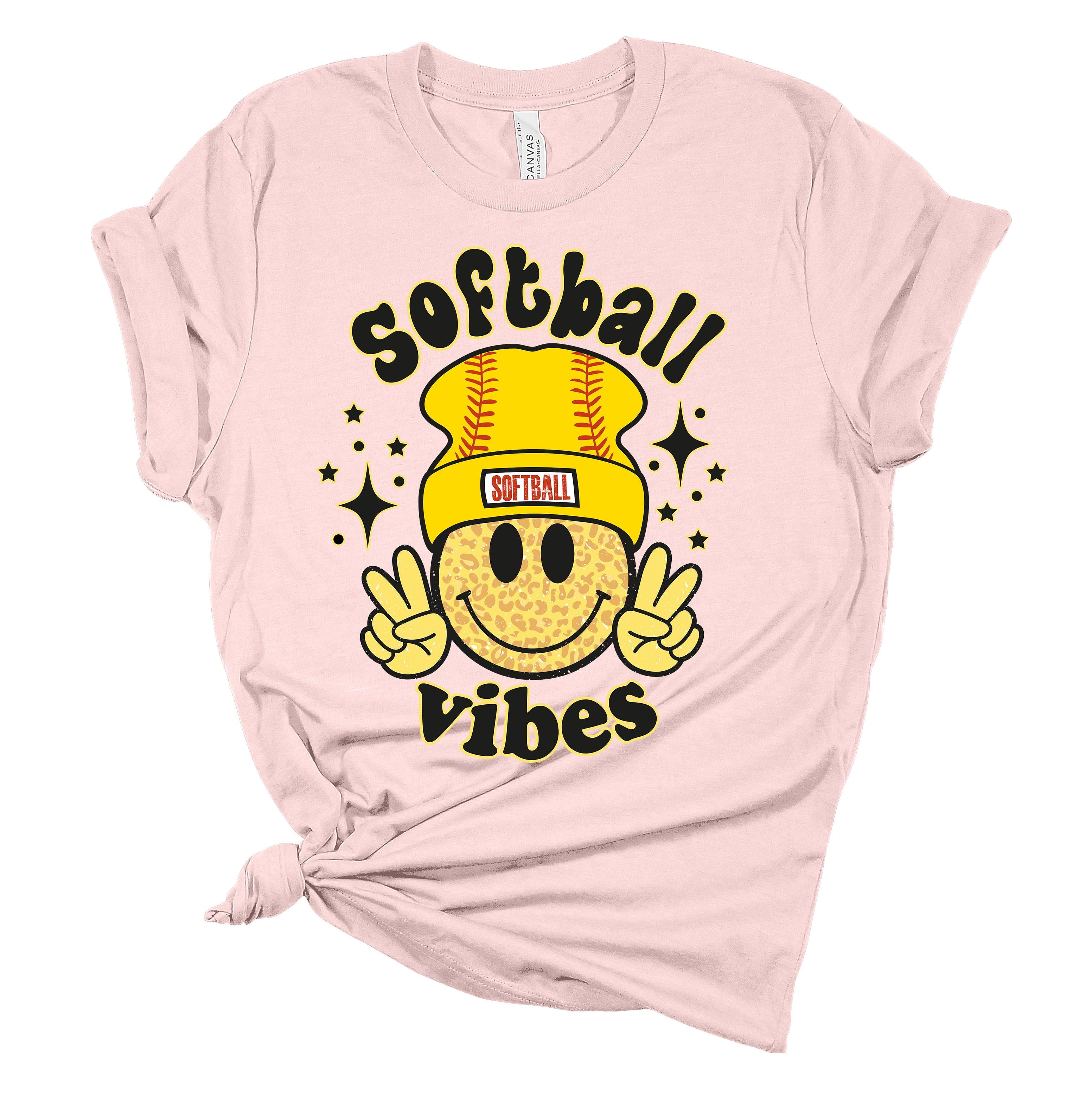 Womens Softball Tshirt Softball Vibes Happy Face Softball Mom Short ...
