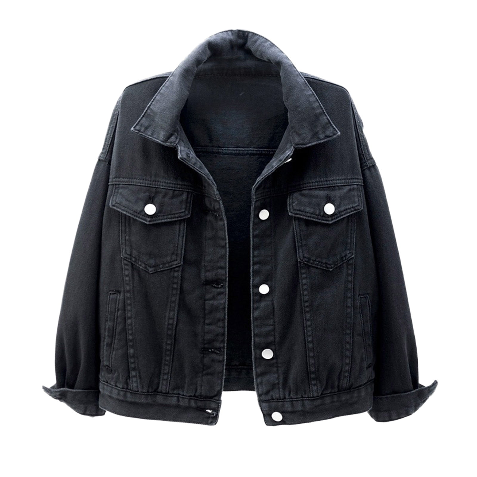 Womens Solid Color Denim Jacket Relaxed Fit Casual Jean Trucker Jacket ...