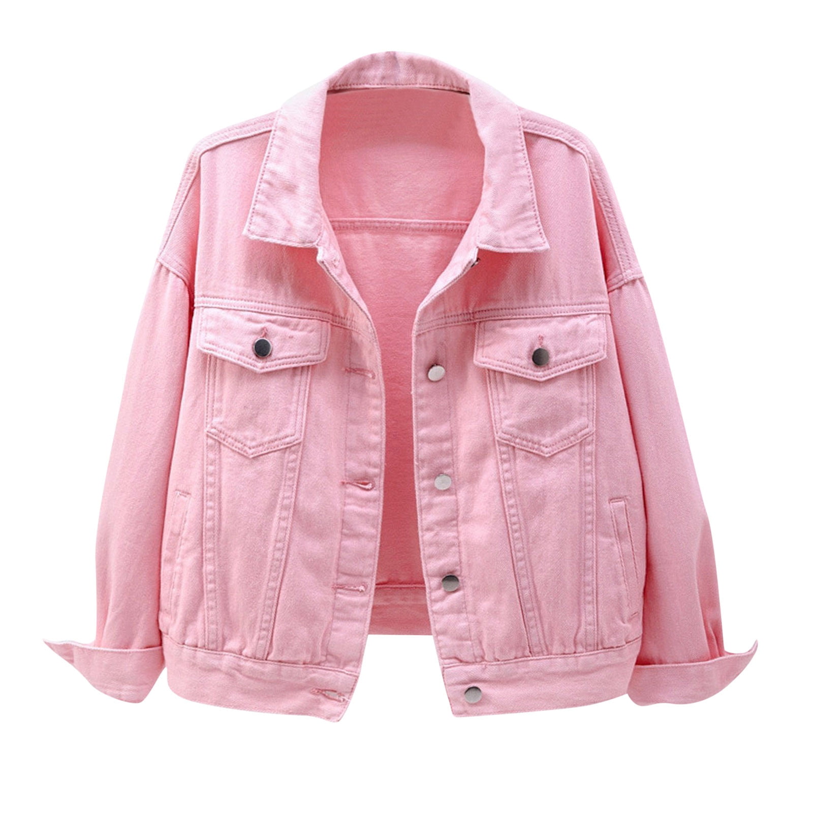 Womens Solid Color Denim Jacket Relaxed Fit Casual Jean Trucker Jacket ...