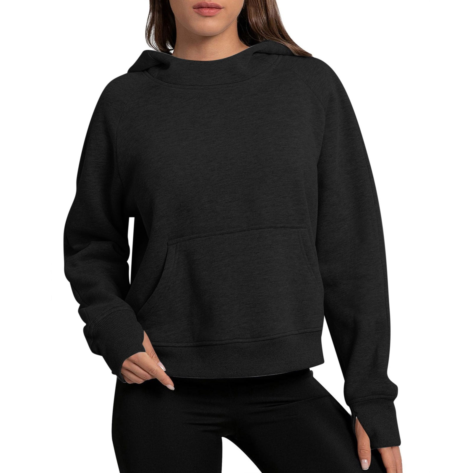 Womens Solid Color Hoodie Thumb Holes Pullover Round Neck Long Sleeve ...