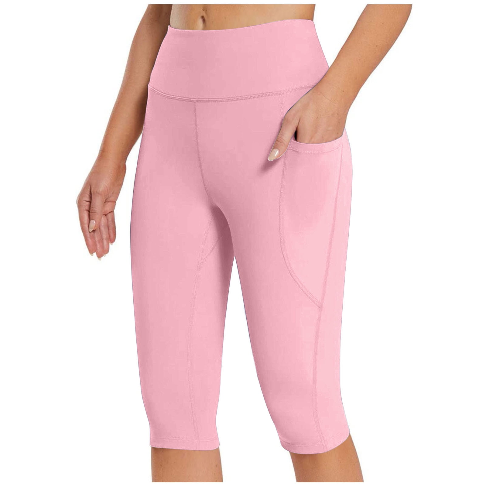 Womens Solid Color Knee Length Capri Leggings High Waisted Yoga Capris