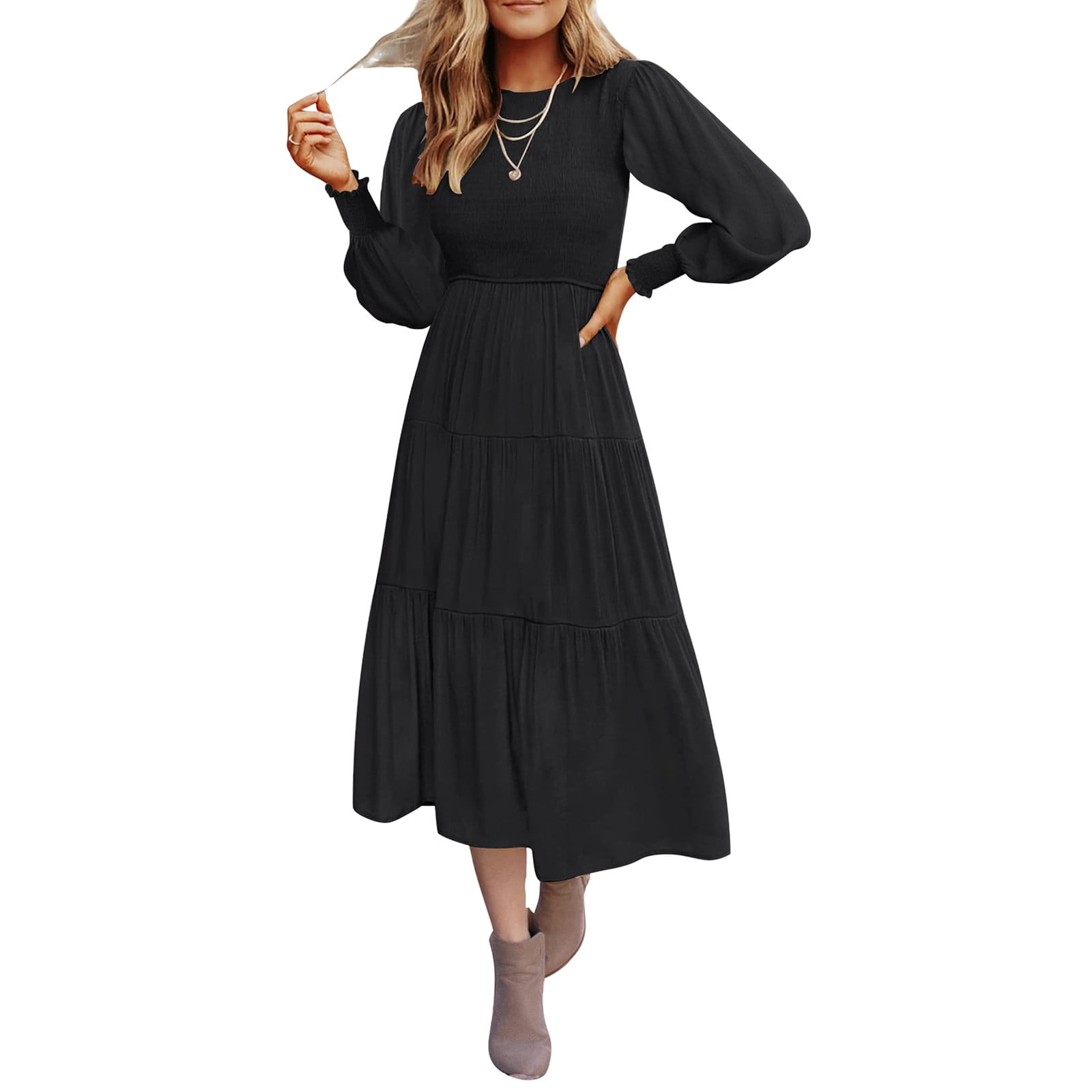 Womens Solid Color Long Sleeve Smocked Layered Oversized Skirt Dress ...