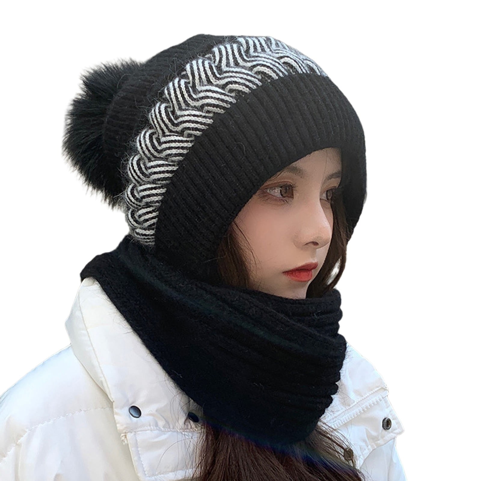 Womens Solid Integrated Ear Windproof Hat Scarf Hooded Scarf Winter 2 ...