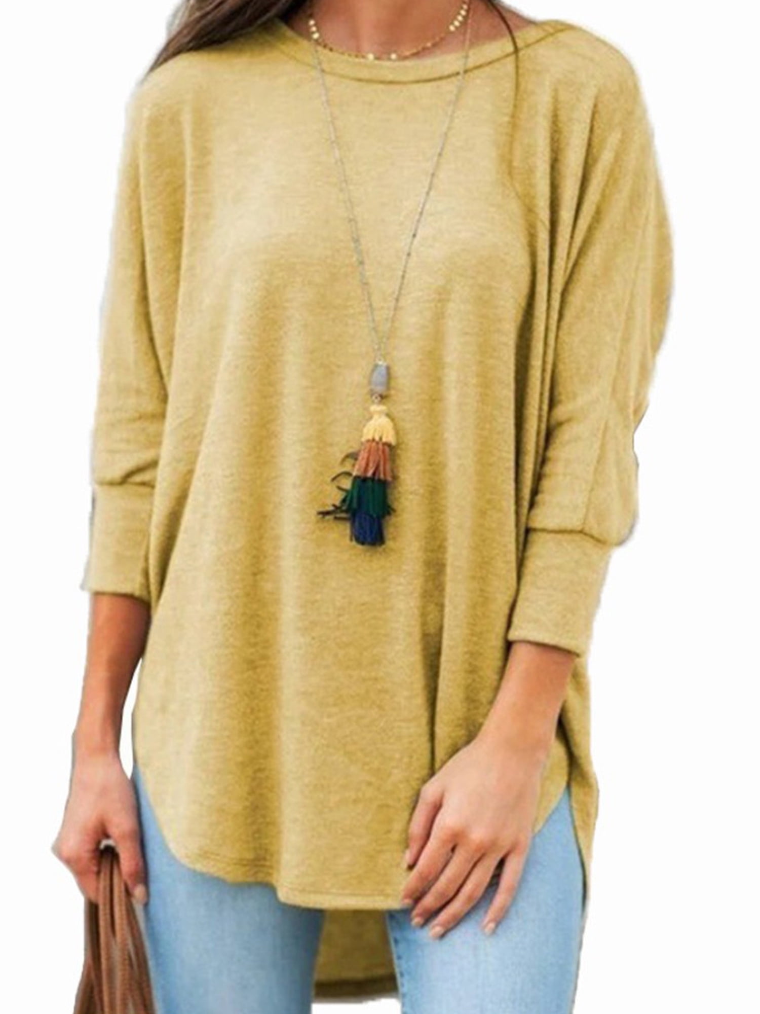 Womens Solid Side Slit T-Shirts Blouse Ladies Casual 3/4 Sleeve Plain ...