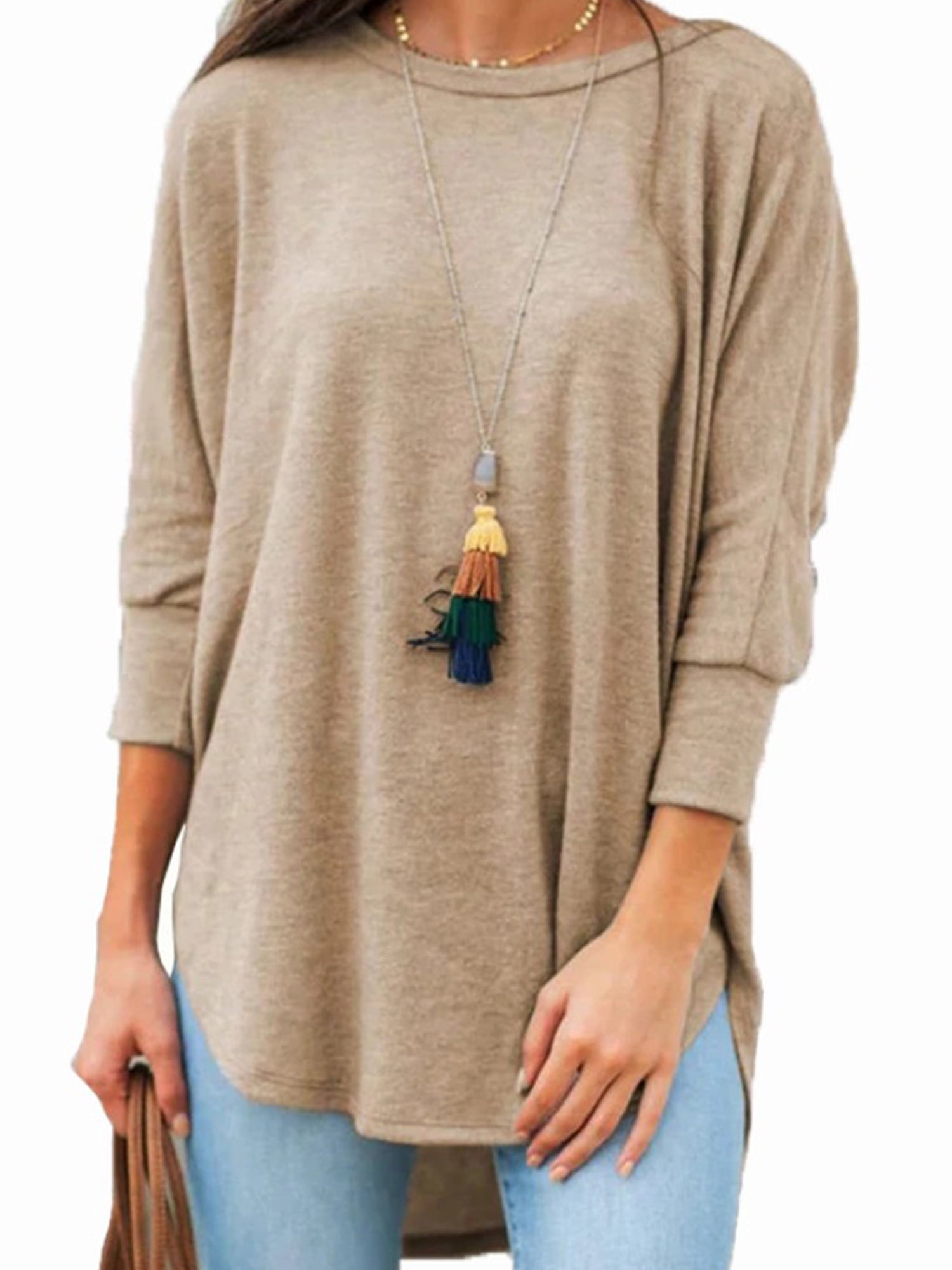 Womens Solid Side Slit T-Shirts Blouse Ladies Casual 3/4 Sleeve Plain ...