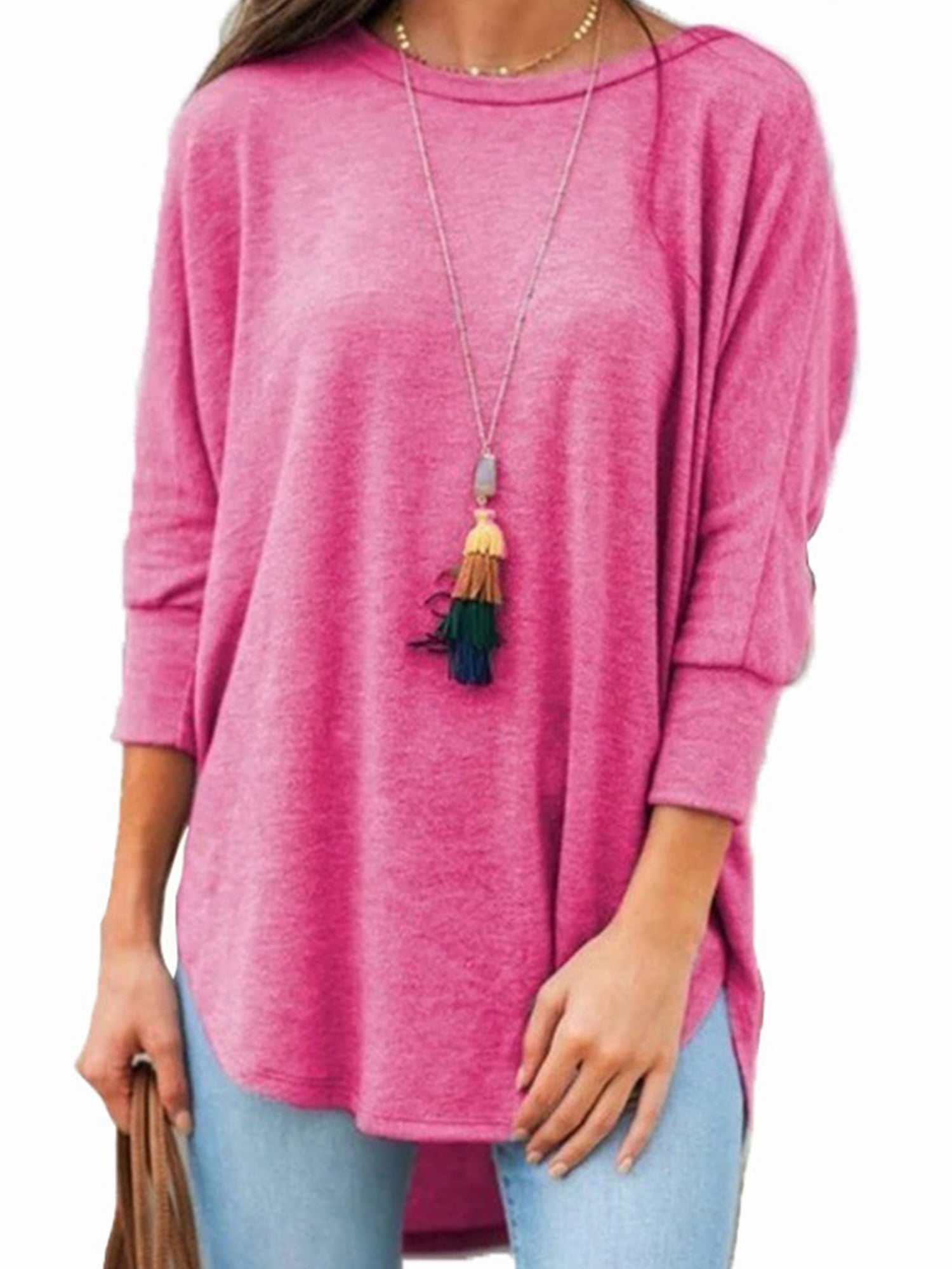 Womens Solid Side Slit T-Shirts Blouse Ladies Casual 3/4 Sleeve Plain ...