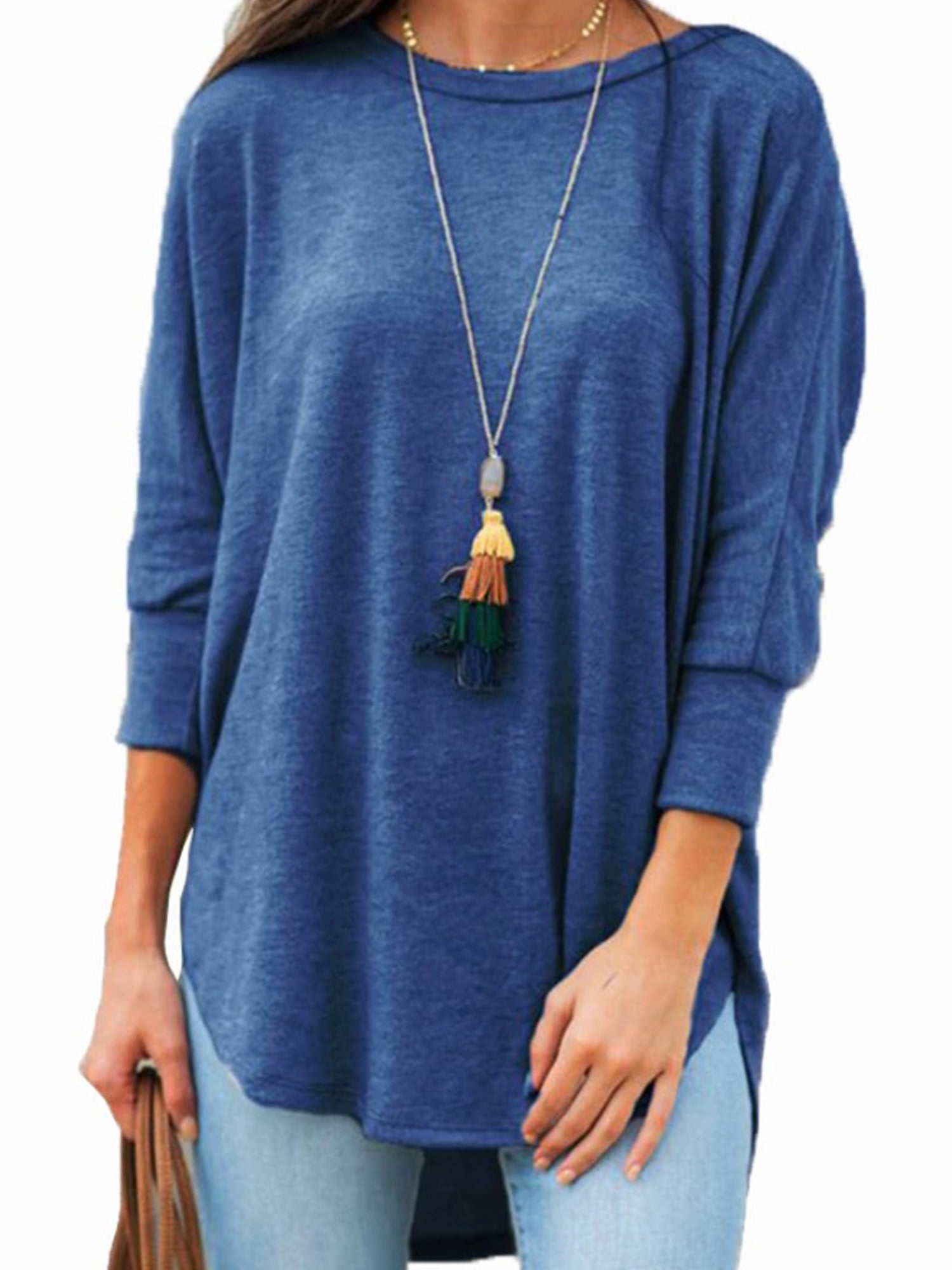 Womens Solid Side Slit T-Shirts Blouse Ladies Casual 3/4 Sleeve Plain ...