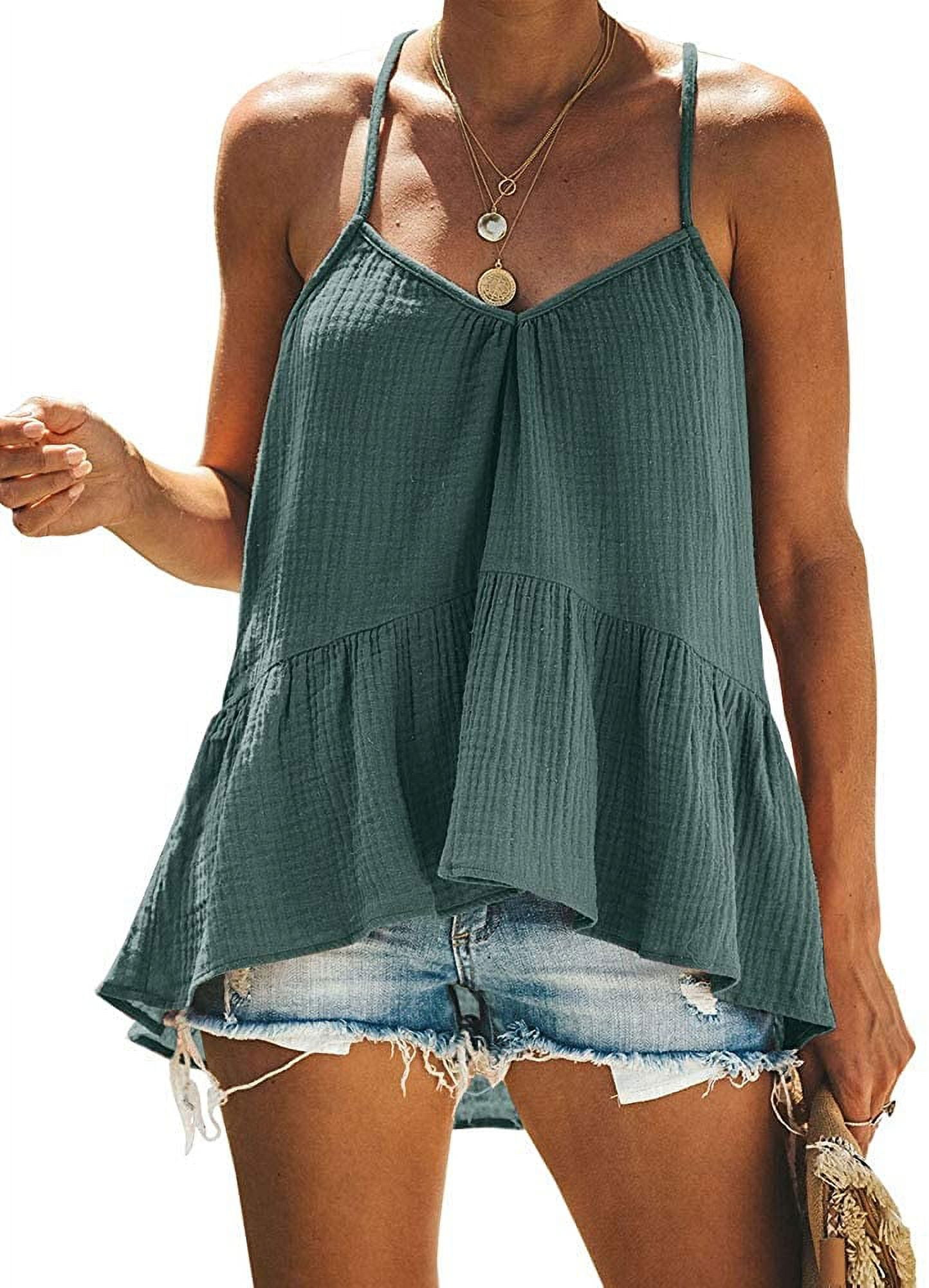 Womens Spaghetti Strap Loose Tops Halter V Neck Peplum Flowy Shirts ...
