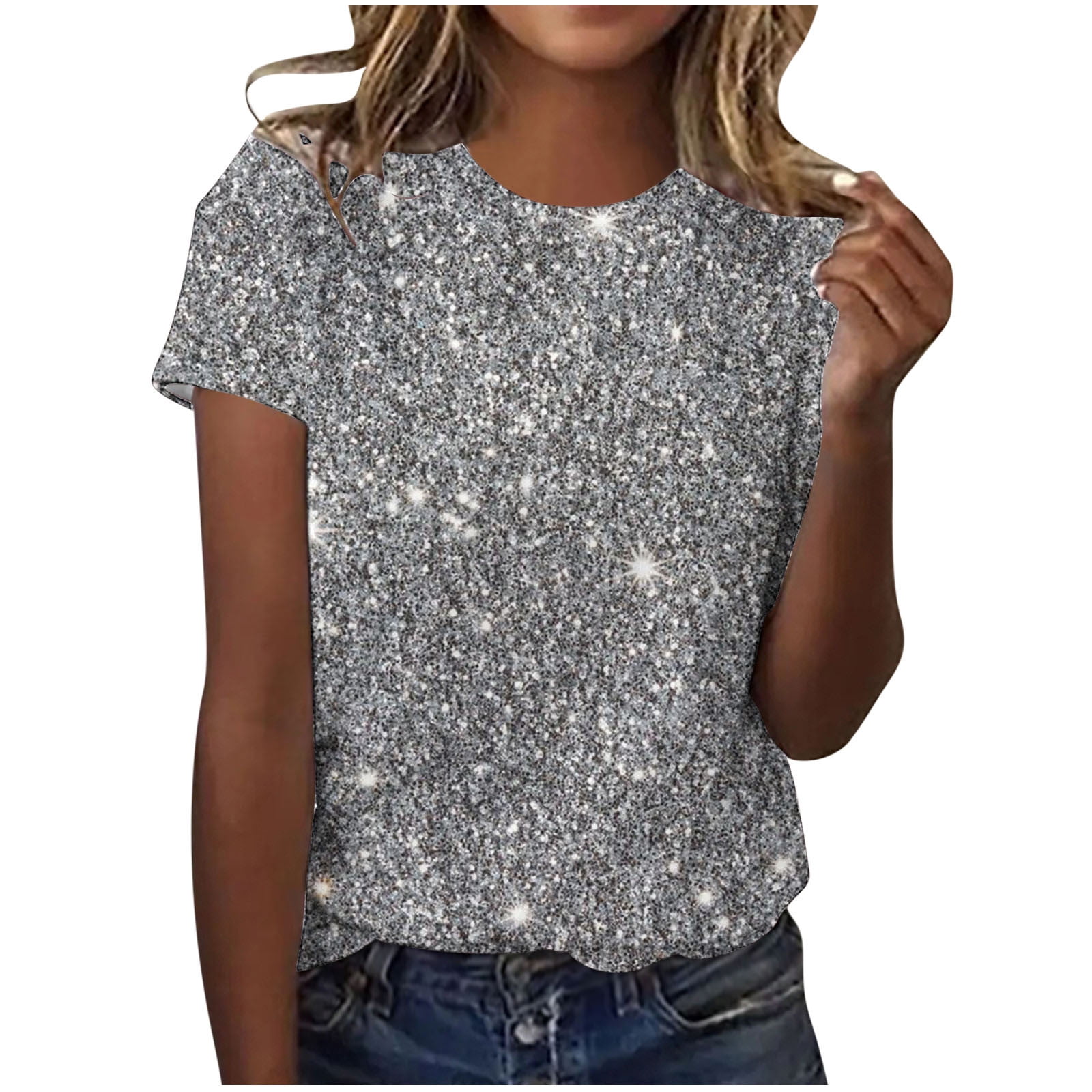 Womens Sparkle Print Short Sleeve T Shirts Round Neck Tops Dressy ...
