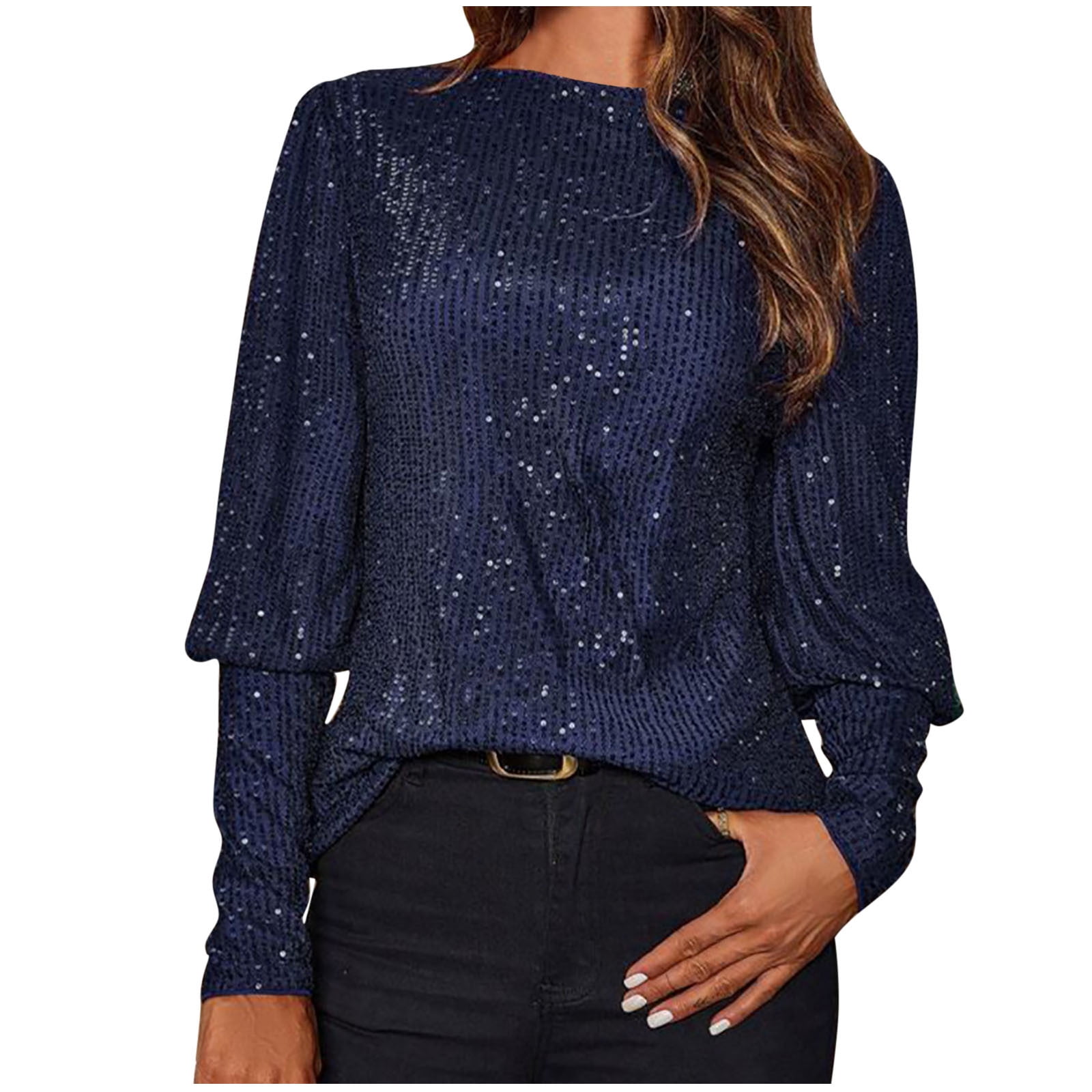Womens Sparkly Long Sleeve Sequin Top Glitter Blouse for Holiday ...