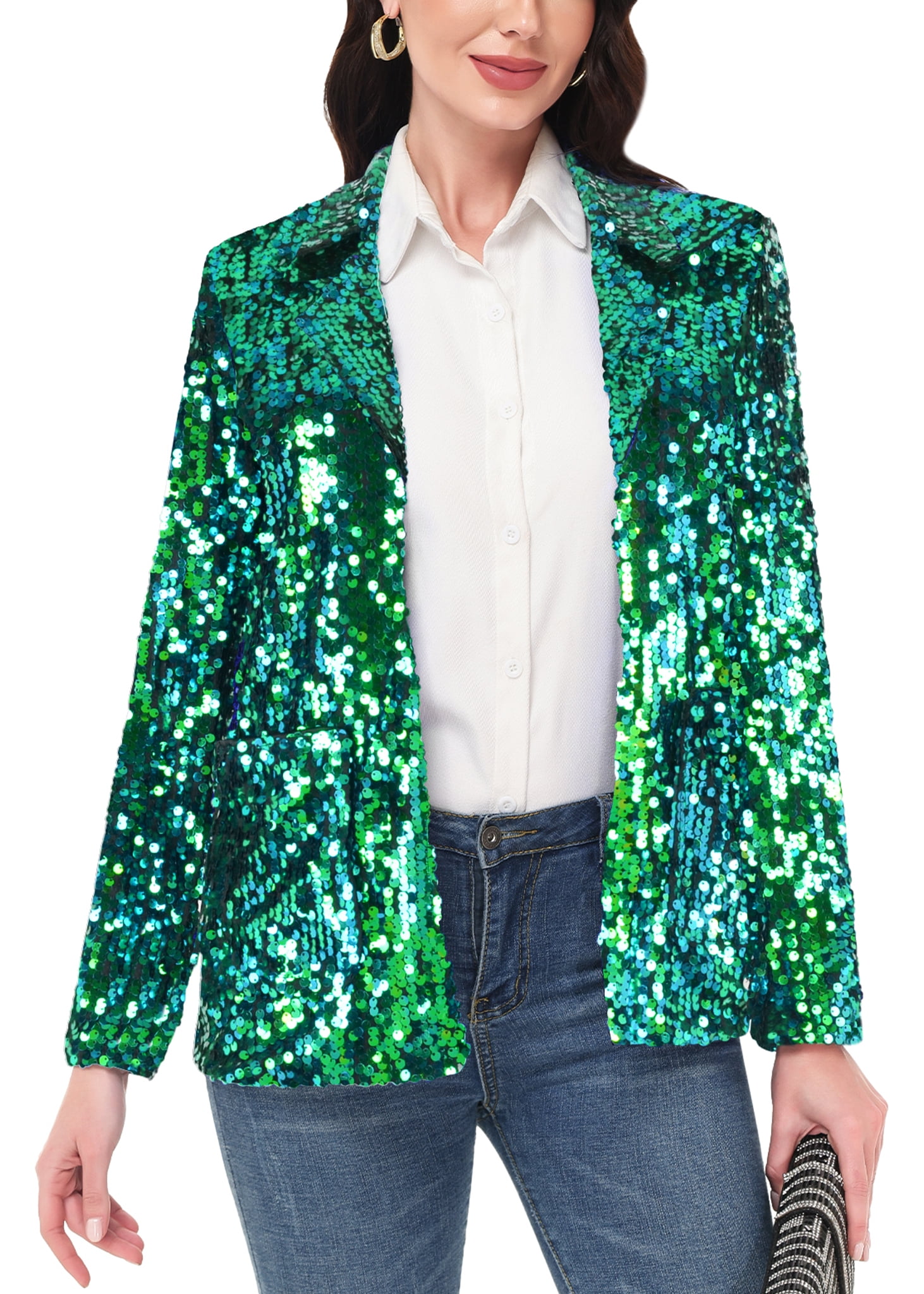 Womens Sparkly Sequin Blazer Long Sleeve Open Front Shiny Jacket ...