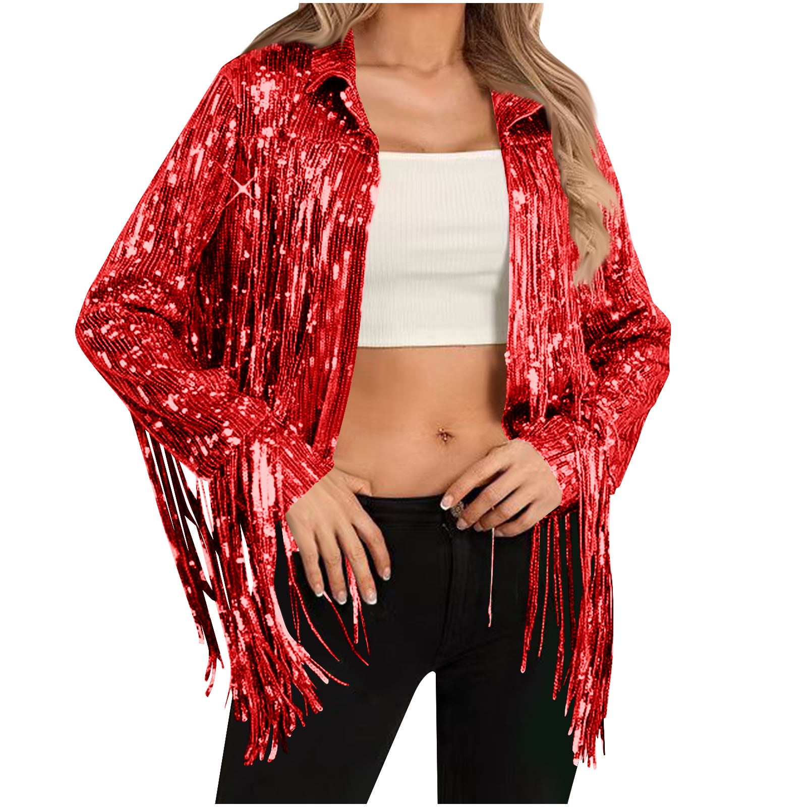 Womens Sparkly Sequin Jacket Tassel Fringe Hem Shiny Glitter Disco ...