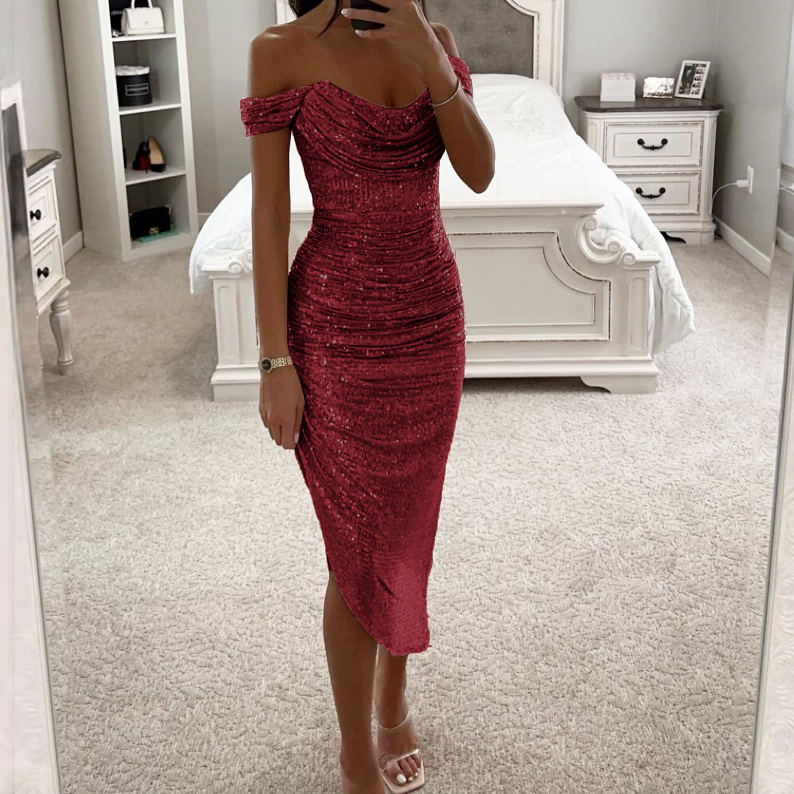 Womens Sparkly Sequin Prom Dresses For Women Off Shoulder Tight Pleated ...