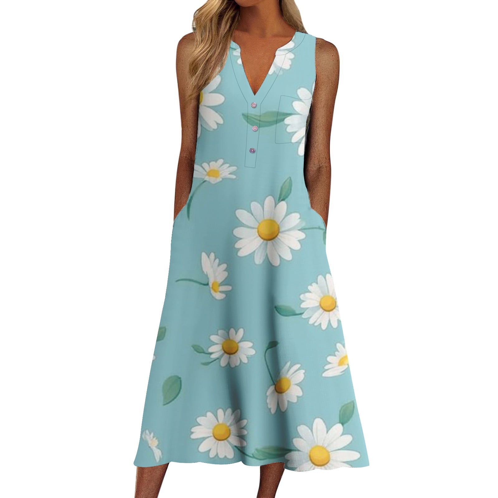 Womens Spring Dresses Casual Loose V Neck Sleeveless Button Up Small ...