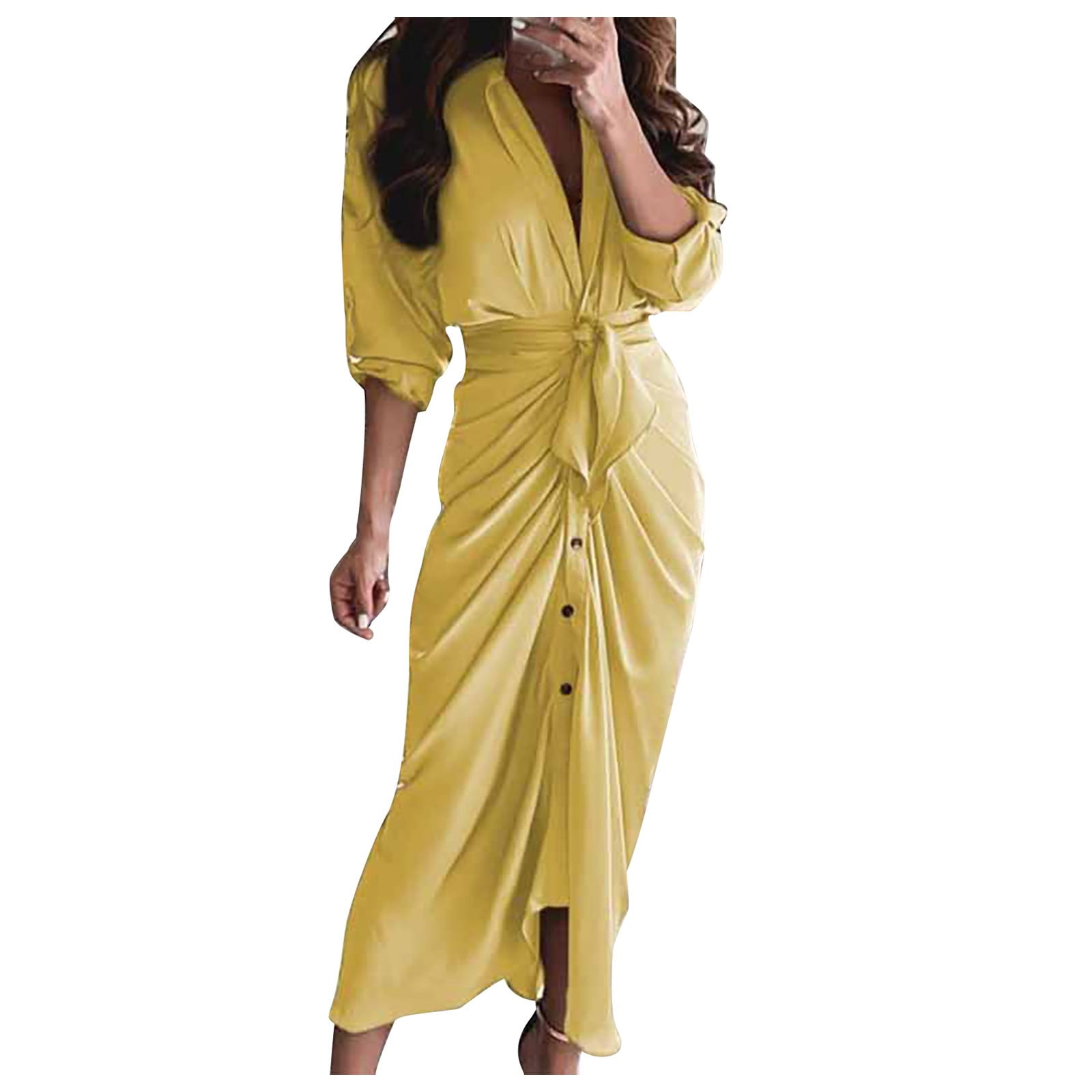 Womens Spring Dresses Causal Ruched Shirt Long Sleeve Button Belted ...