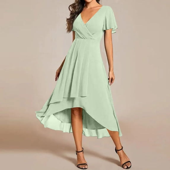 Womens Spring Summer Chiffon Wedding Guest Dresses V Neck Ruffle ...