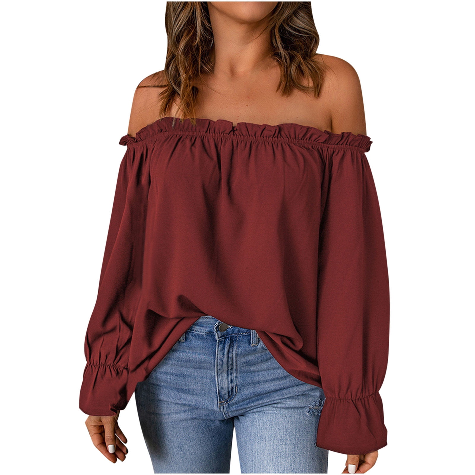 Womens Spring Summer Off The Shoulder Tops Summer Long Sleeve Strapless ...