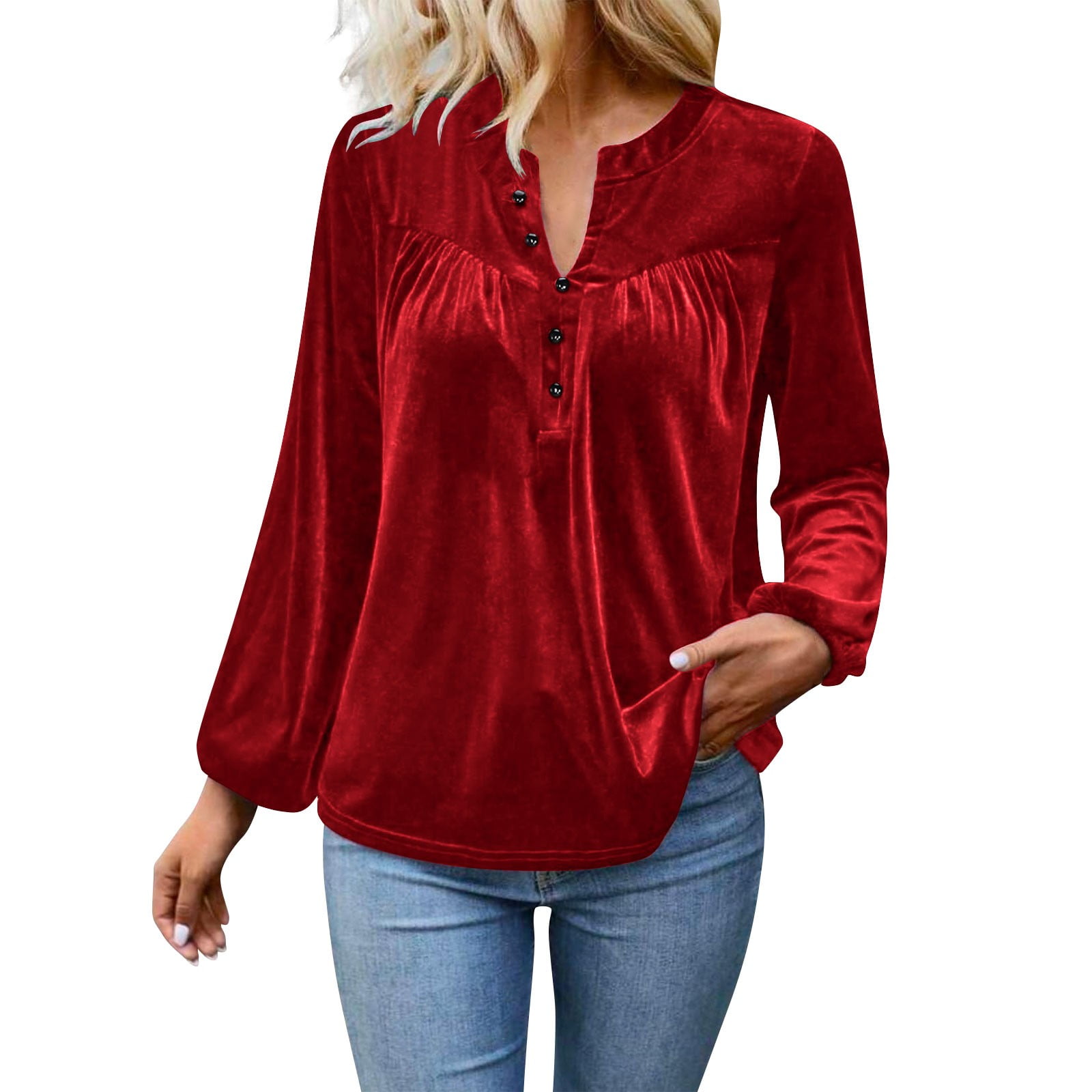 Womens Spring Tops 2026 Trendy V Neck Button Up Shirt Velvet Long ...
