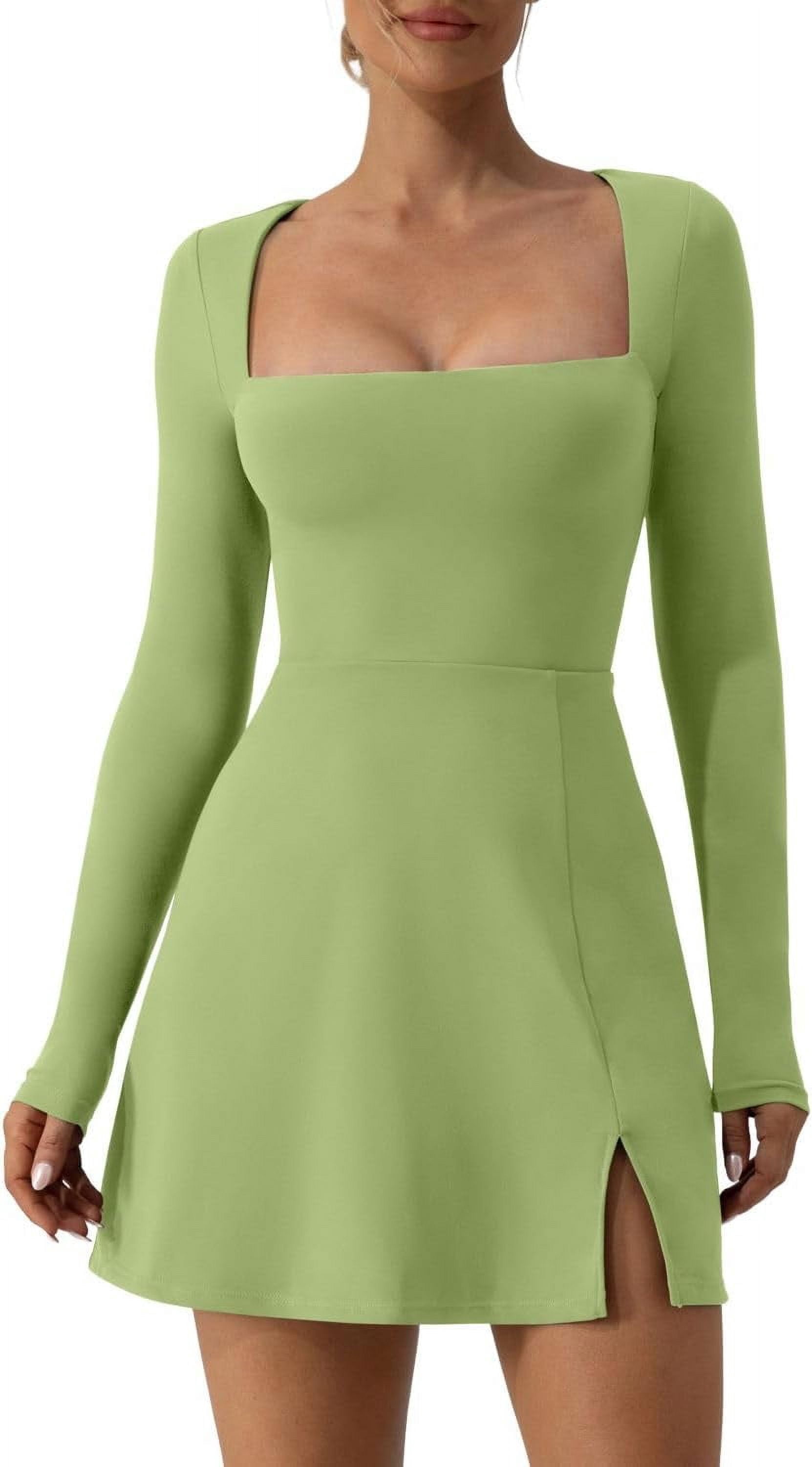 Womens Square Neck Bodice Dress Long Sleeve Side Slit Flare Mini ...