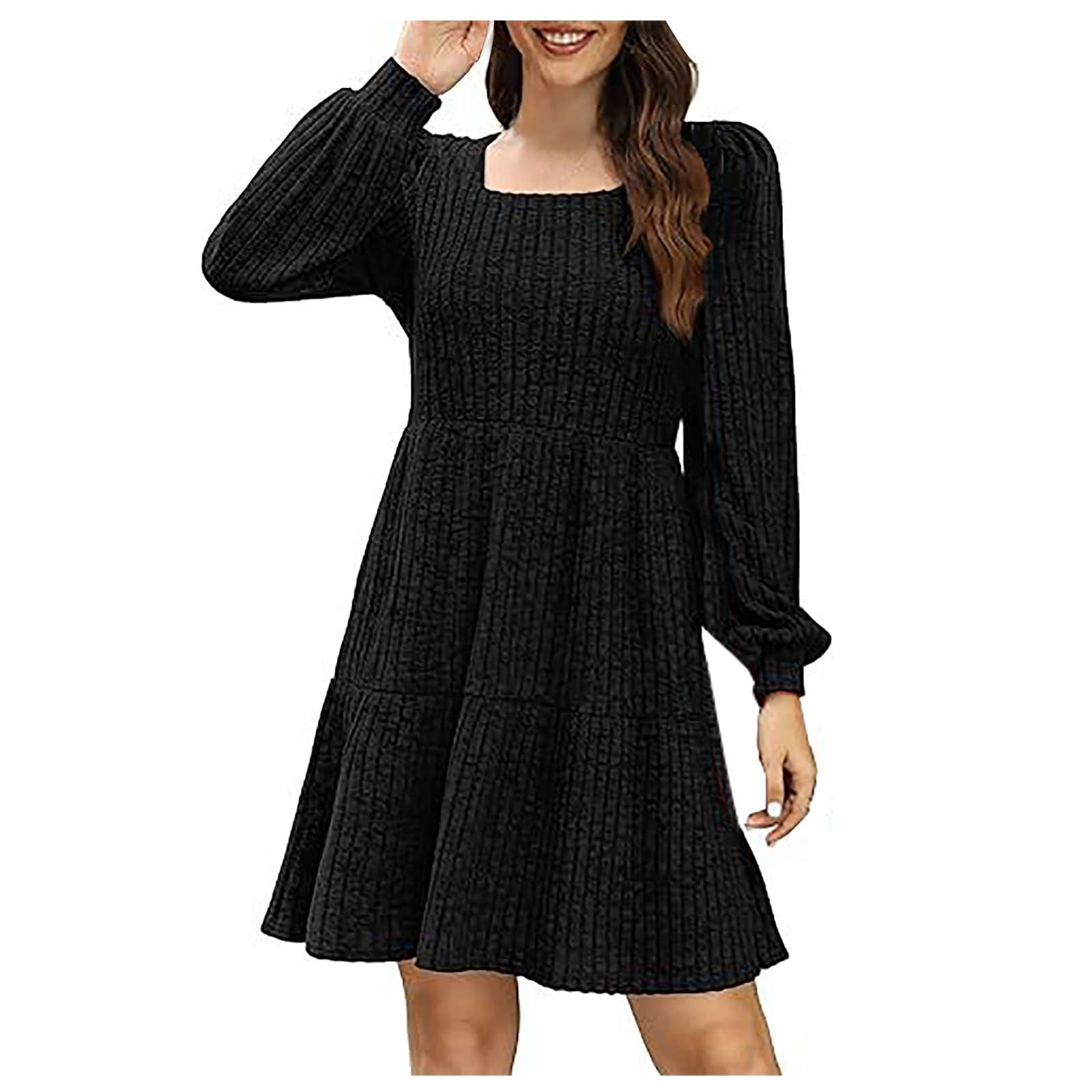 Womens Square Neck Sweater Dress Long Sleeve Knit Dresses Fall Casual ...