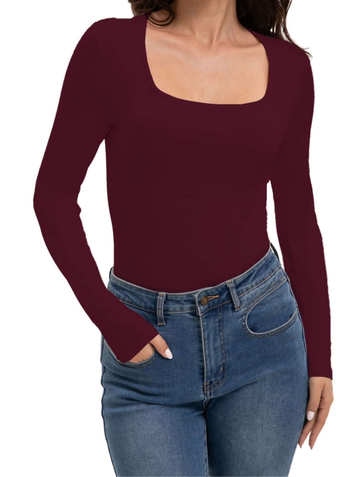 Womens Square Neck T Shirts Causal Basic Long Sleeve Tops Fitted Tees - Walmart.com