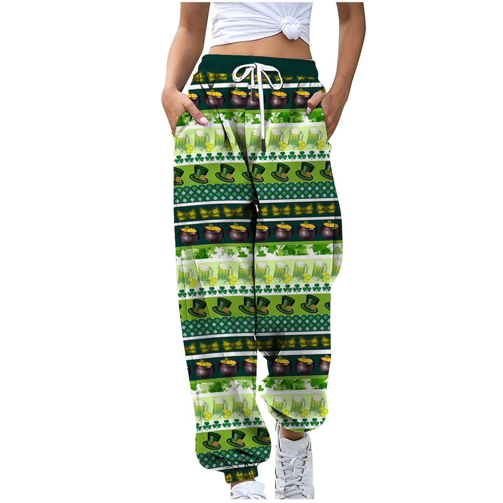 Womens St Patrick's Day Long Sweatpants Color Block Leaf Print Causal ...