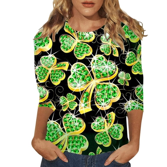 Womens St Patricks Top Printed Round Neck Three Quarter Sleeve Casual T ...