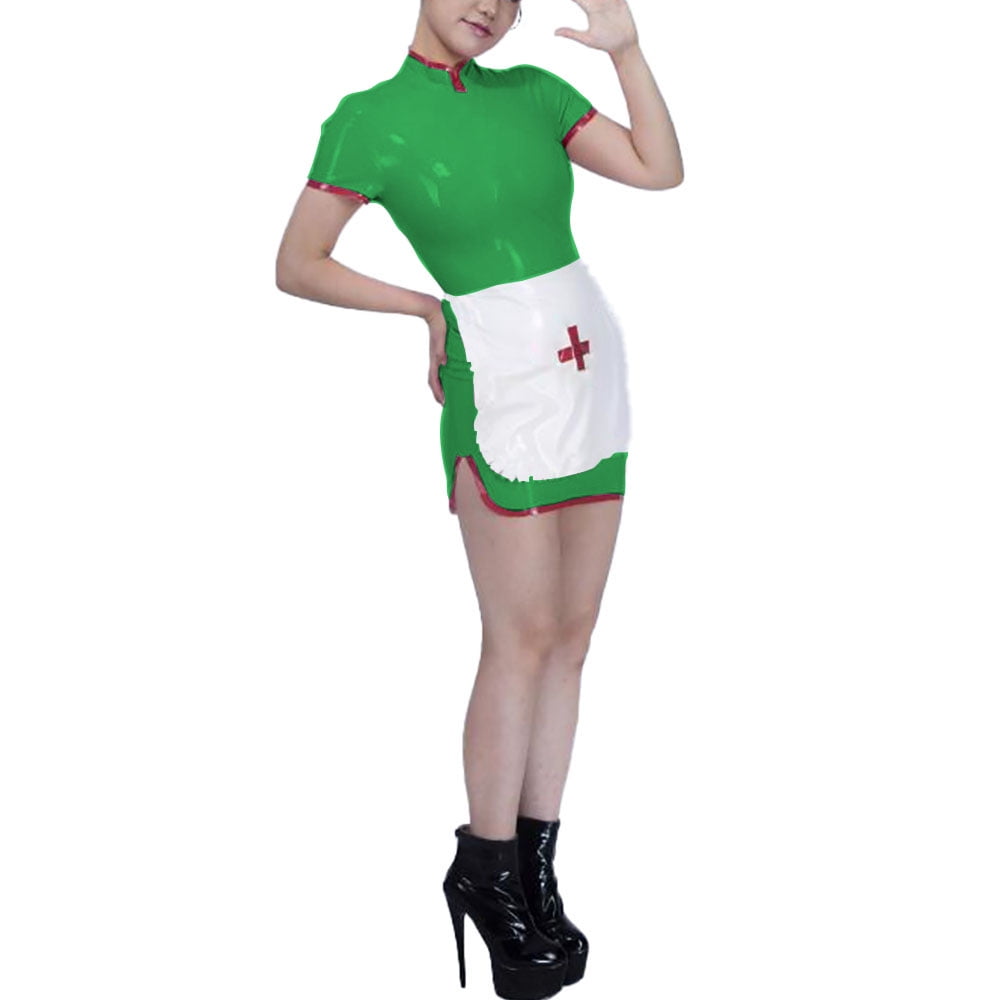 Womens Stand Collar Mini Nurse Dress with Apron Cospley Nuse Uniforms ...