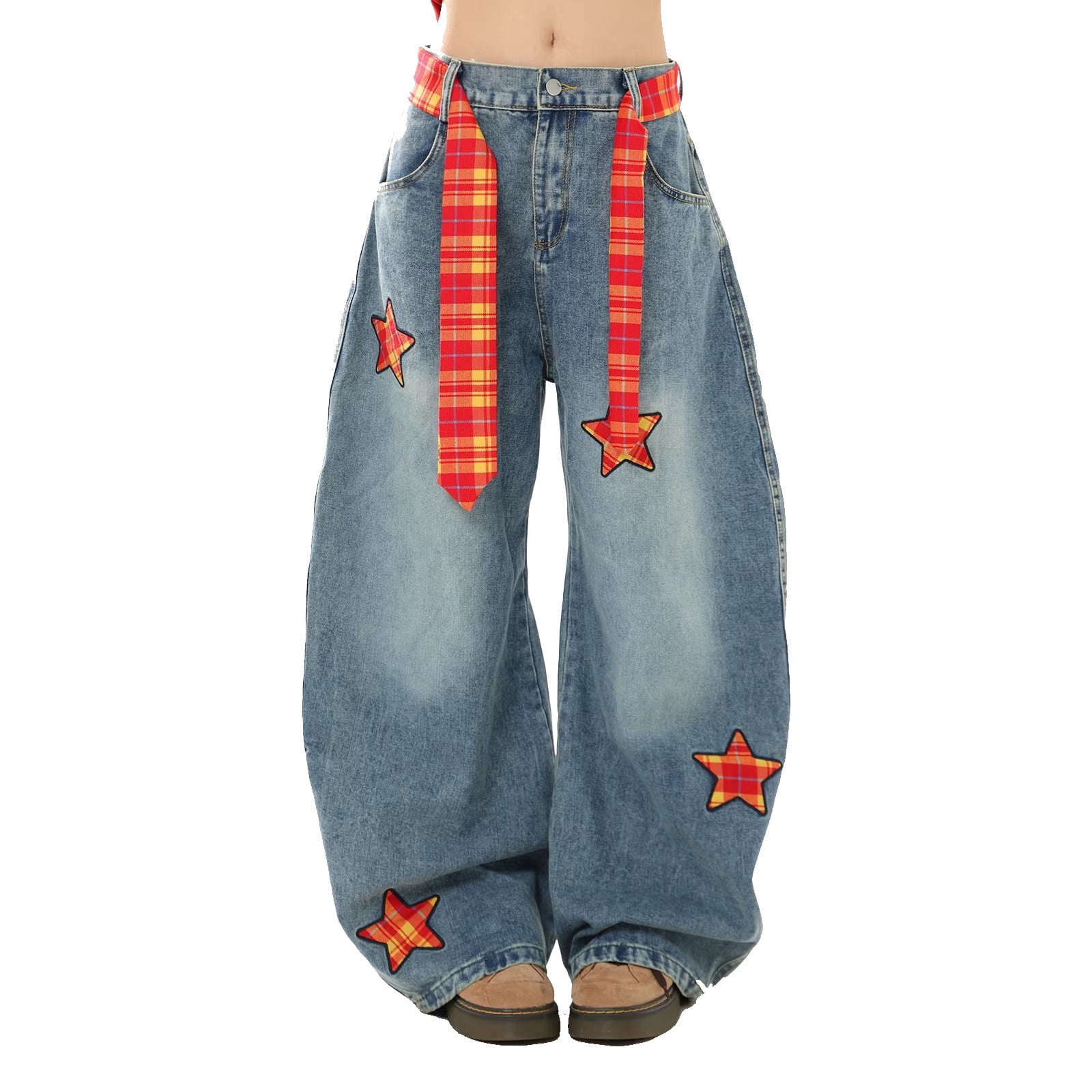 Womens Star Embroidery Patchwork Jeans Loose Fit Straight Leg Wide Leg ...