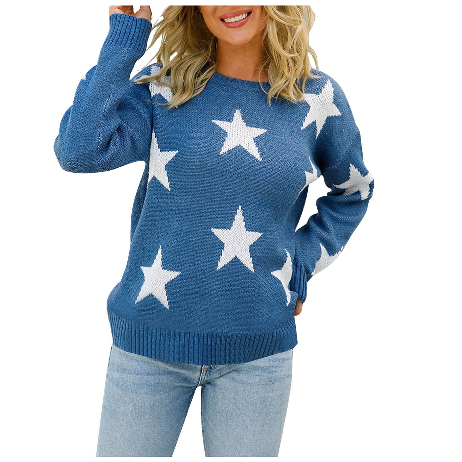 Womens Stars Graphic Printed Sweaters Slim Fitting Long Sleeve Pullover ...