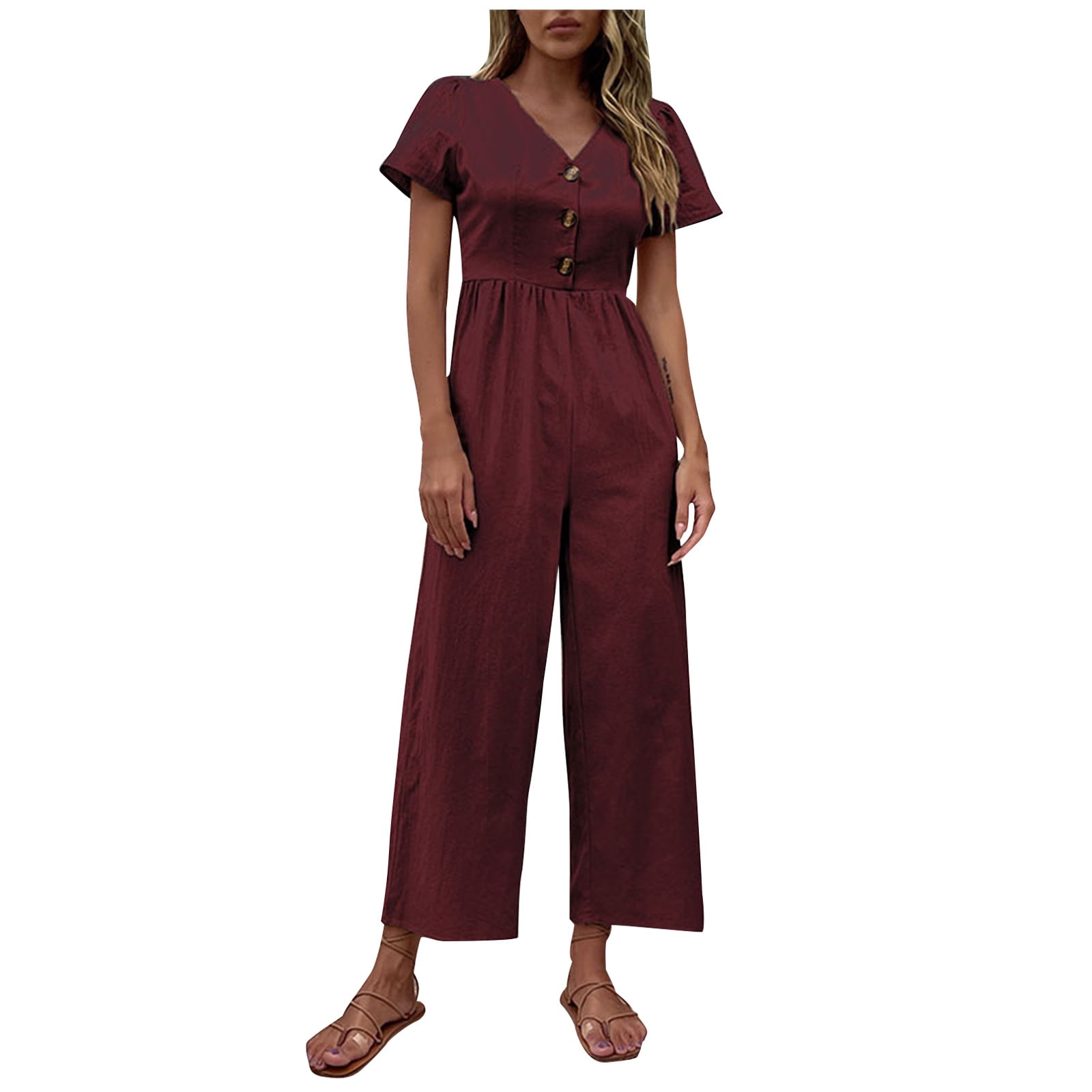 Womens Straight Jumpsuit Solid Pleated Capri Rompers Overalls Clearance ...