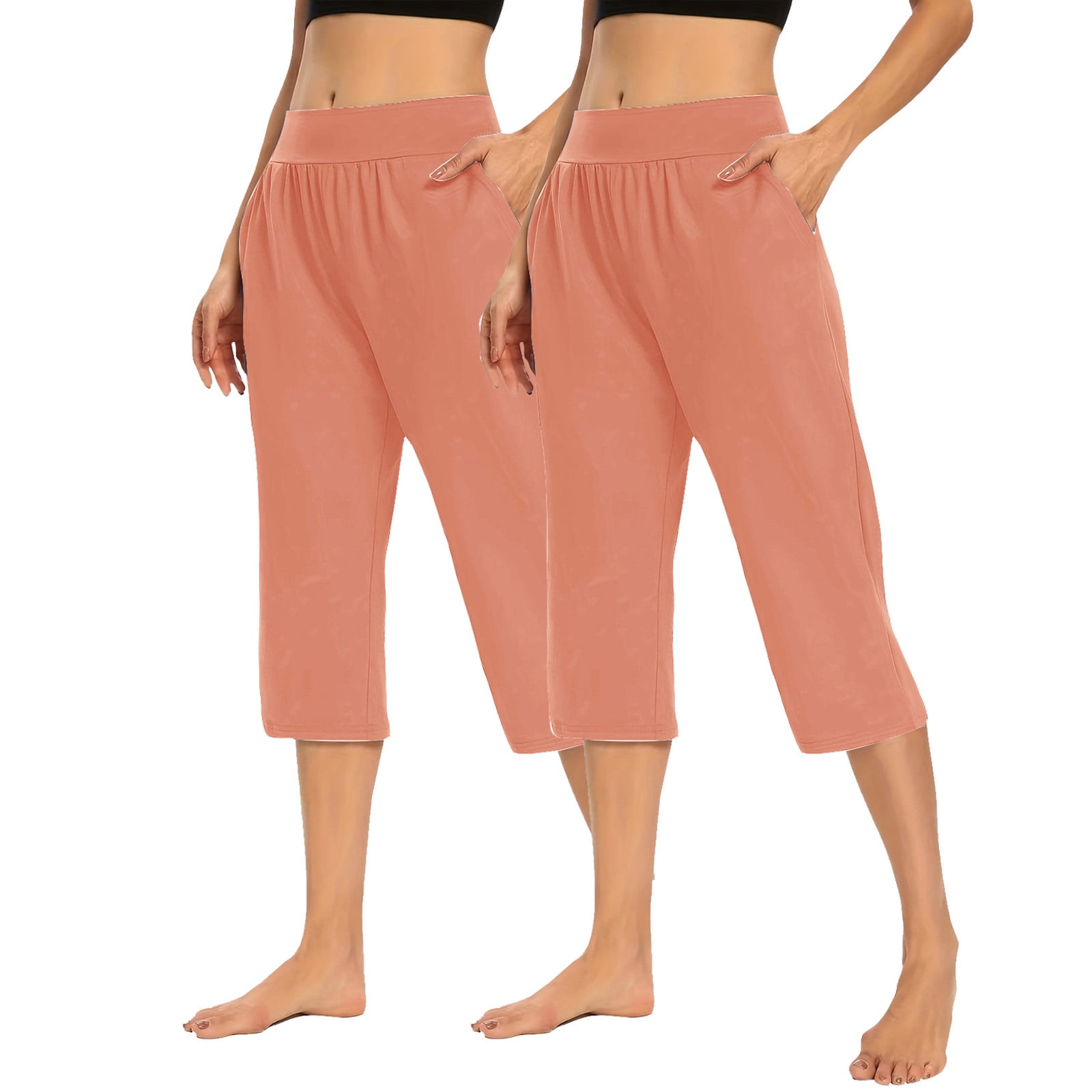 Womens Straight Leg Capri Pants Loose Elastic Waist Pull On Cropped ...