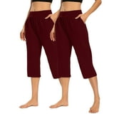 Womens Straight Leg Capri Pants Loose Elastic Waist Pull On Cropped ...