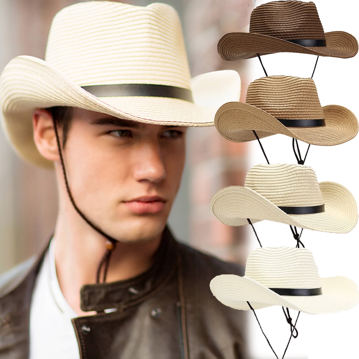 Womens Straw Cowboy Hat Western Beach Sun Hat for Men Wide Brim Fedora ...