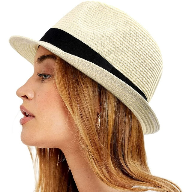 Womens Straw Hat Short Brim Panama Fedora Beach Sun Trilby Hat For