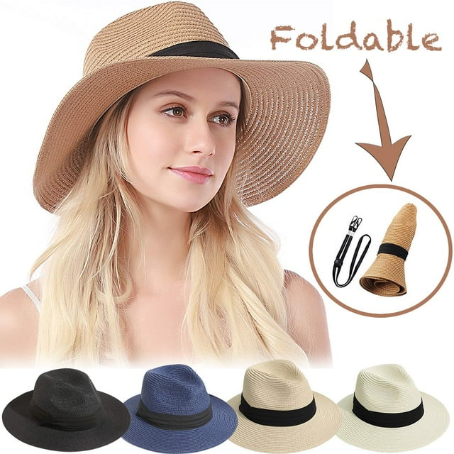 Womens Straw Hat Wide Brim Floppy Beach Cap Adjustable Panama Sun Hat ...