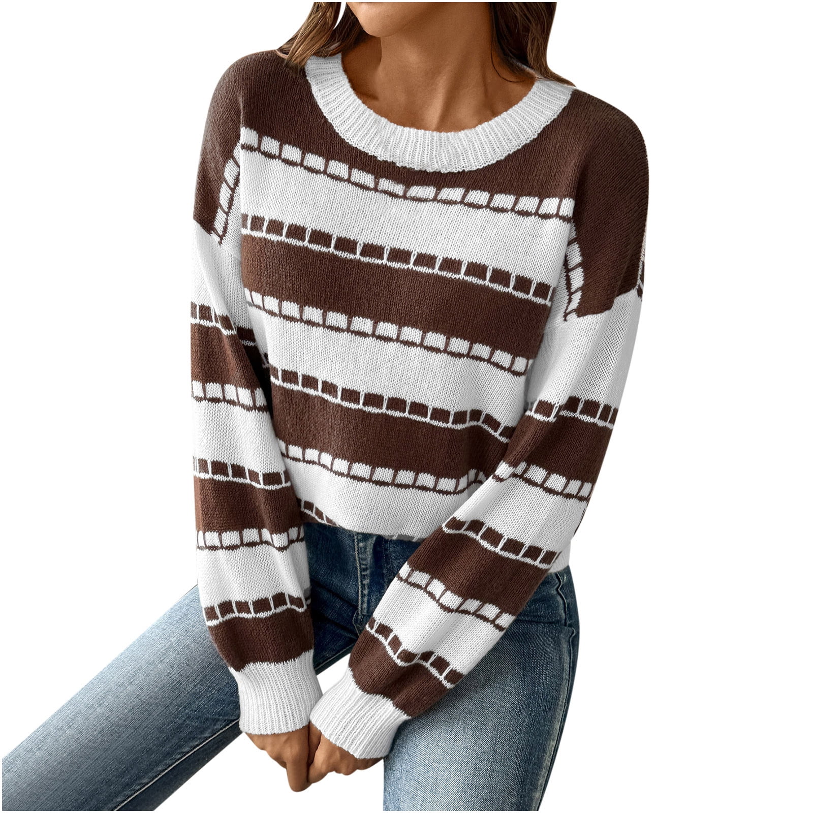 Womens Striped Color Block Sweaters Knit Long Sleeve Round Neck Casual ...
