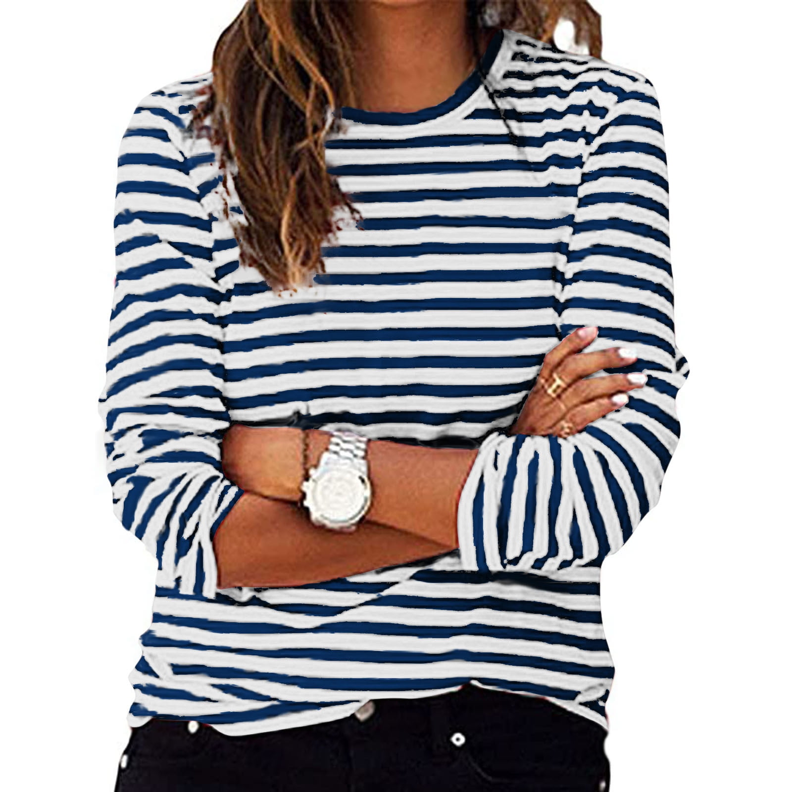 Womens Striped Long Sleeve Shirt Round Neck Soft Tops Nautical Loose ...
