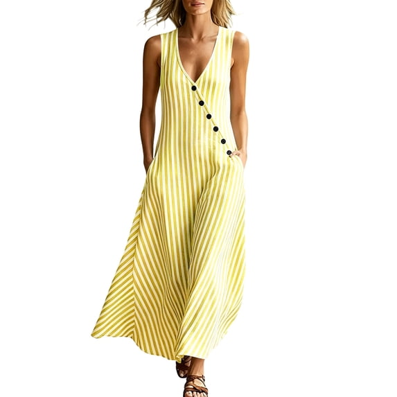 Womens Striped Maxi Dress 2026 Summer Wrap V Neck Asymmetrical Button ...