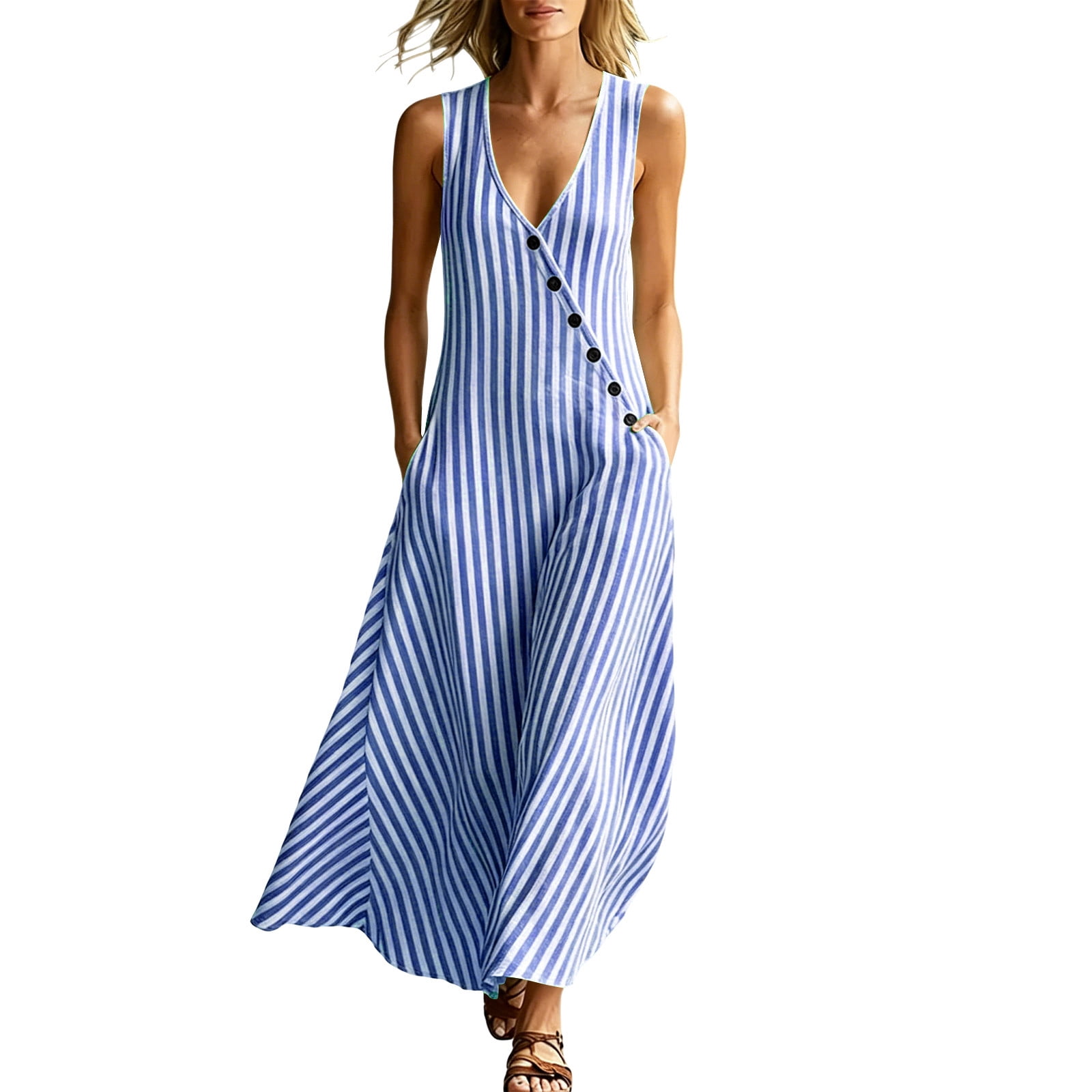 Womens Striped Maxi Dress 2026 Summer Wrap V Neck Asymmetrical Button ...