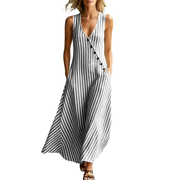 Womens Striped Maxi Dress 2026 Summer Wrap V Neck Asymmetrical Button ...