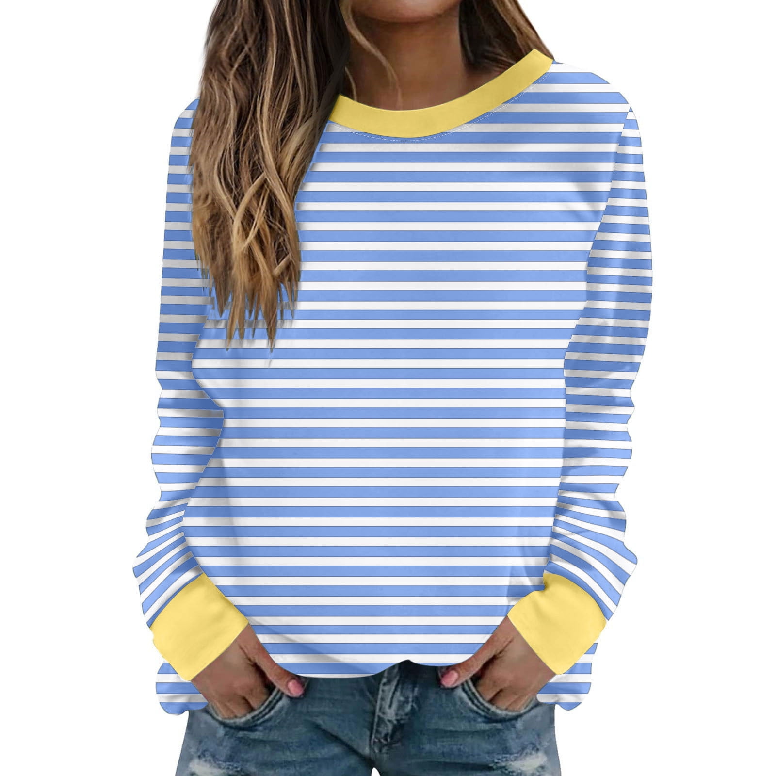 Womens Striped Sweatshirts Trendy Colorblock Crewneck Pullover Loose ...