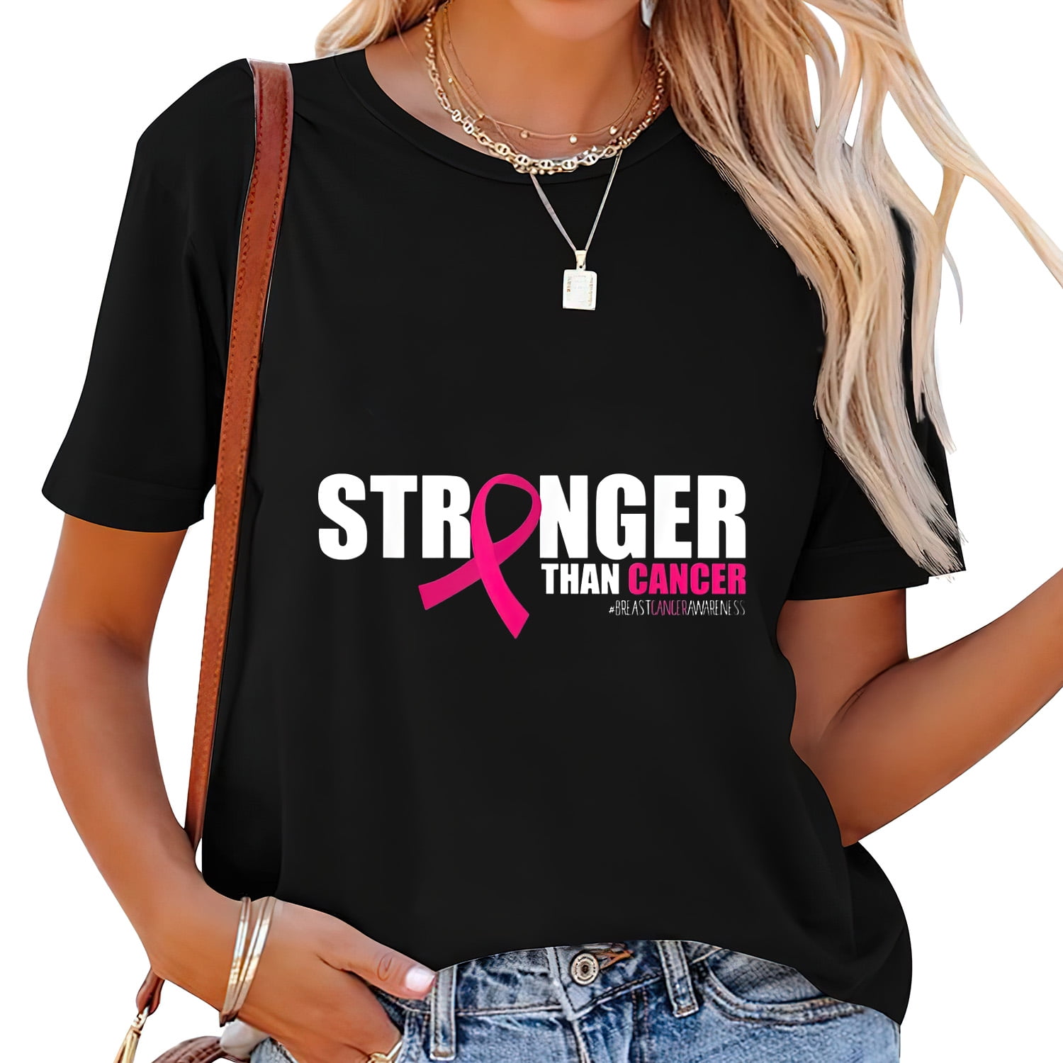 Womens Stronger Than Cancer Pink Ribbon Awareness Month T shirt T Shirt ...