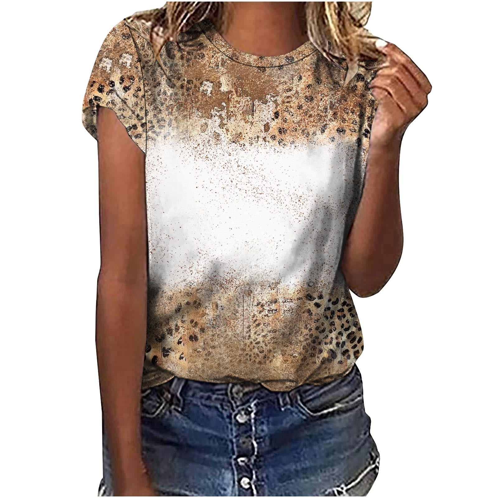 Womens Sublimation T Shirts Bleached Tees Leopard Print Tops Short ...