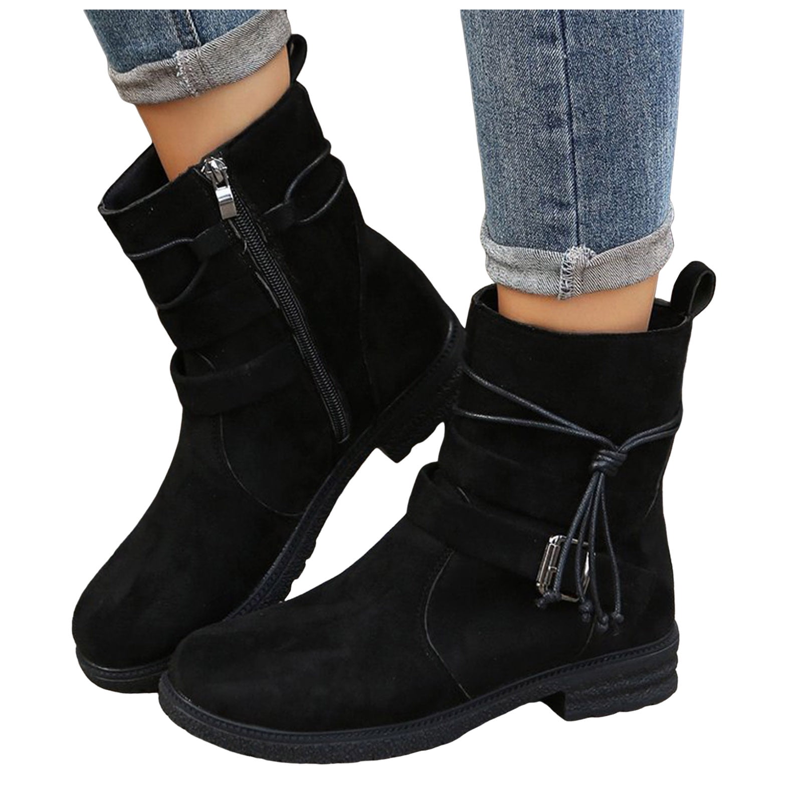 Womens Suede Flat Ankle Boots Wide Toe Box Slip On Combat Booties ...