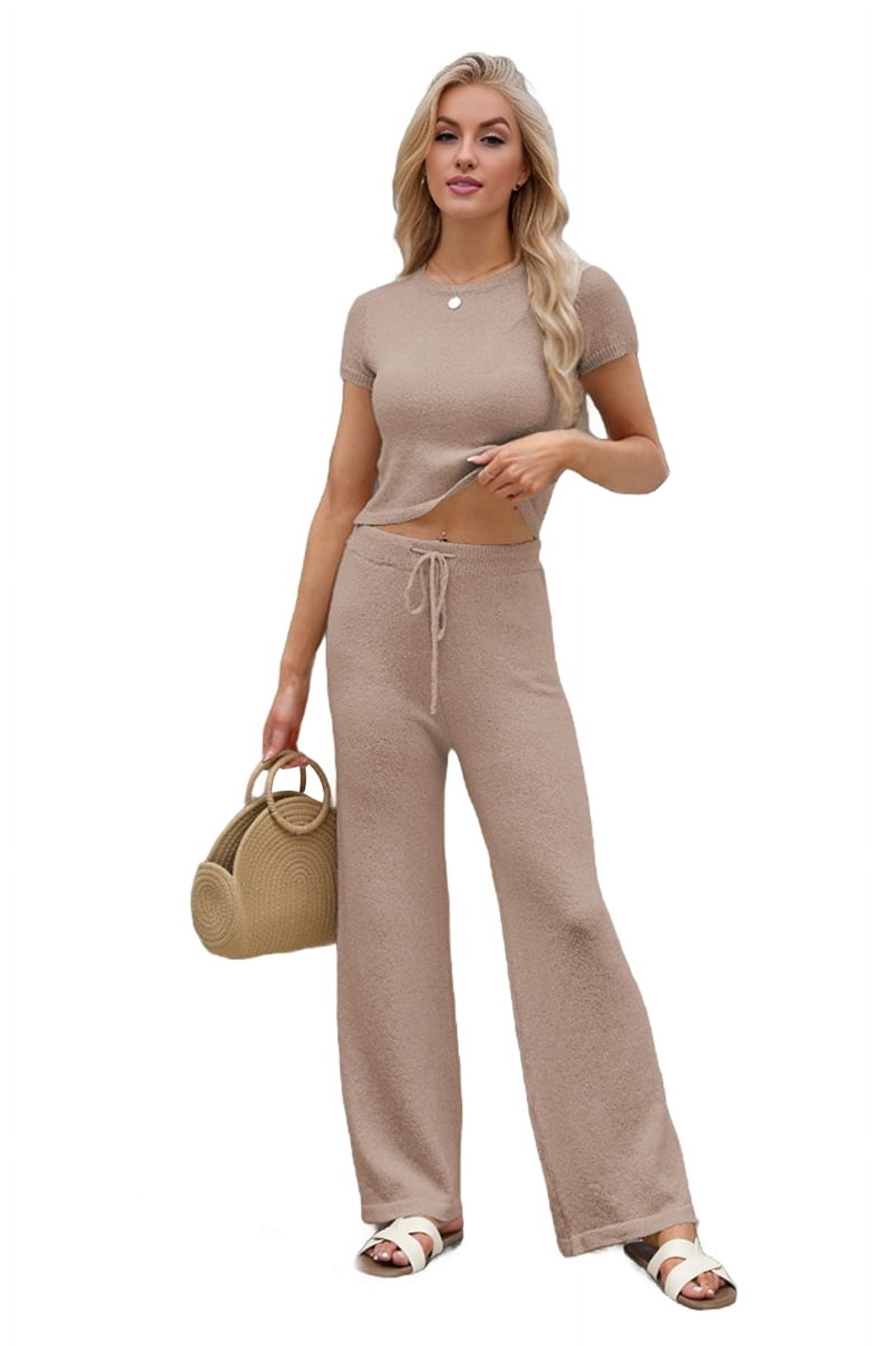 Deliqiba Womens Summer 2 Piece Outfits Color Block Short Sleeve Tops ...