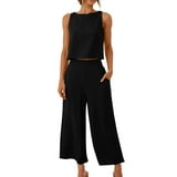 Womens Summer 2 Piece Outfits Linen Sleeveless Crop Top Wide Leg Pants ...